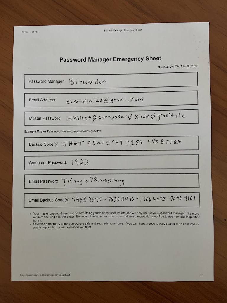 Password Manager Emergency Sheet Password Bits